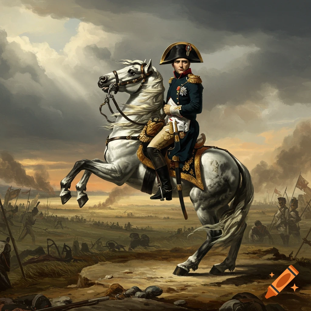 Napoleon Bonaparte on a rearing white horse on a battlefield, in the ...