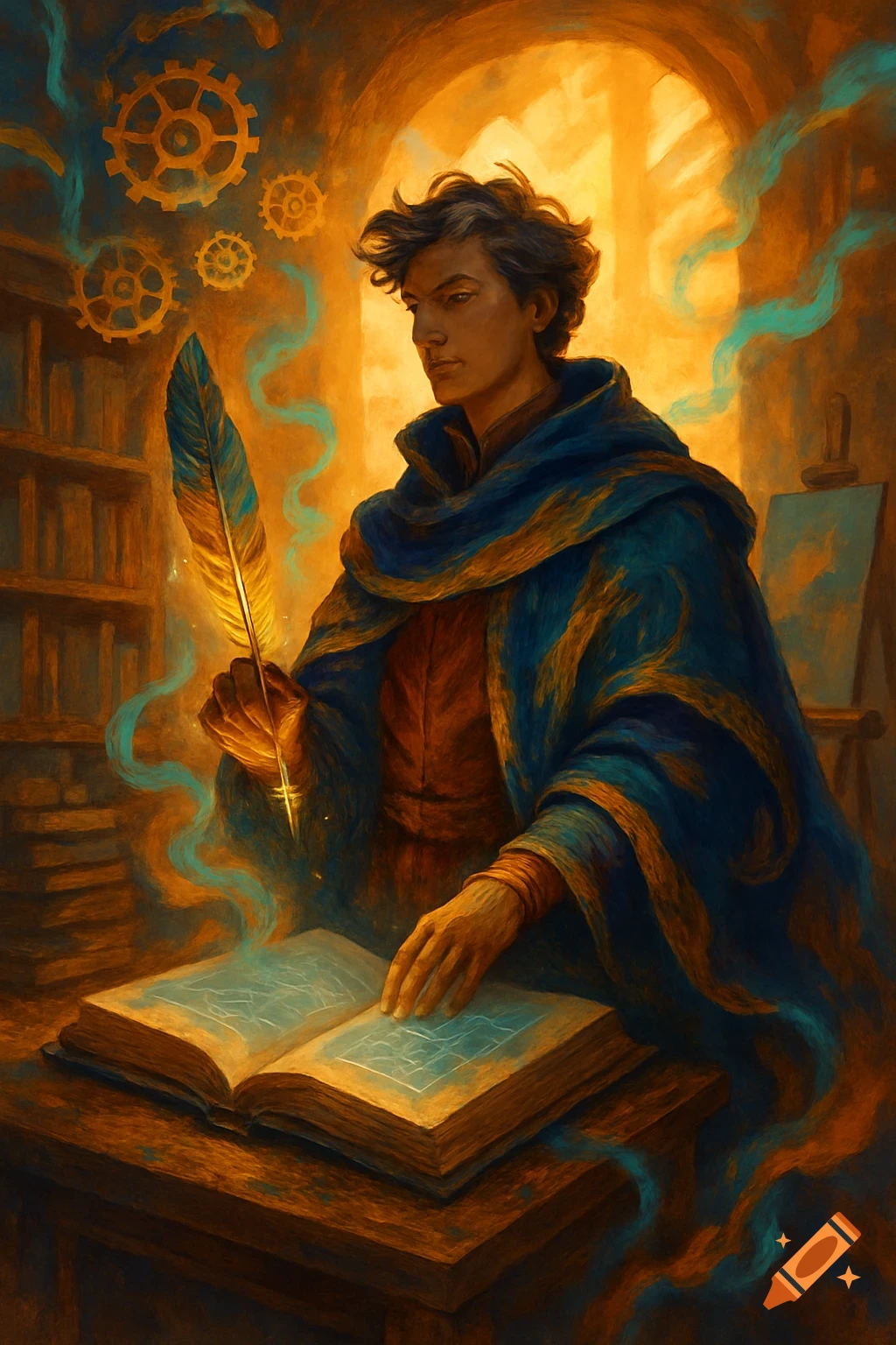 A painting of a woman with dark curly hair writing in a book at a ...