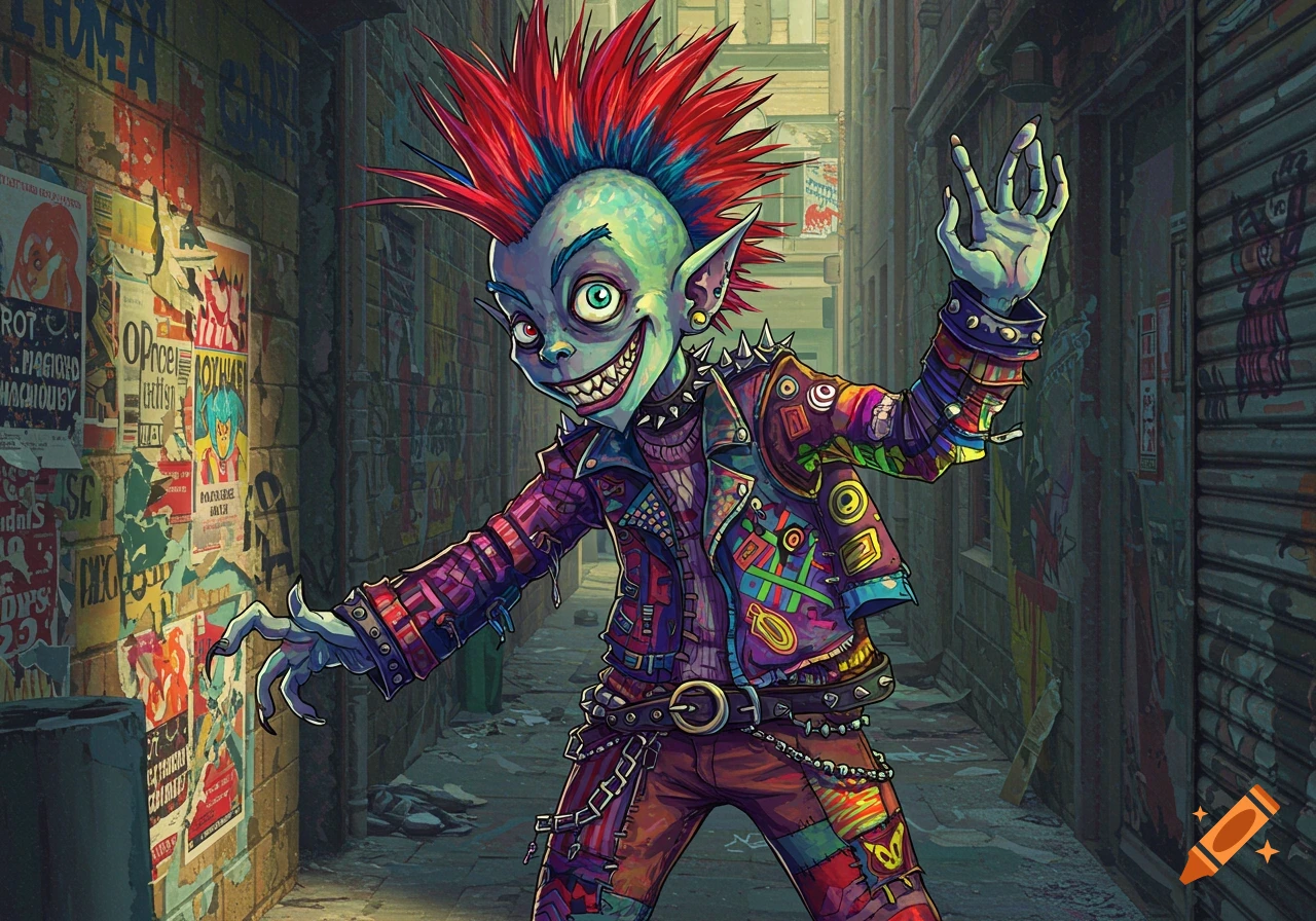 Vibrant cartoon illustration of a green-skinned punk rock goblin with a ...