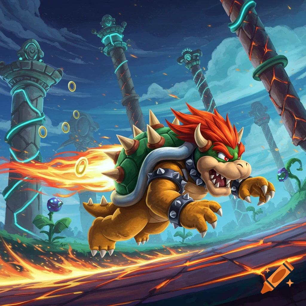 Cartoon illustration of Bowser from Mario leaping and breathing fire ...