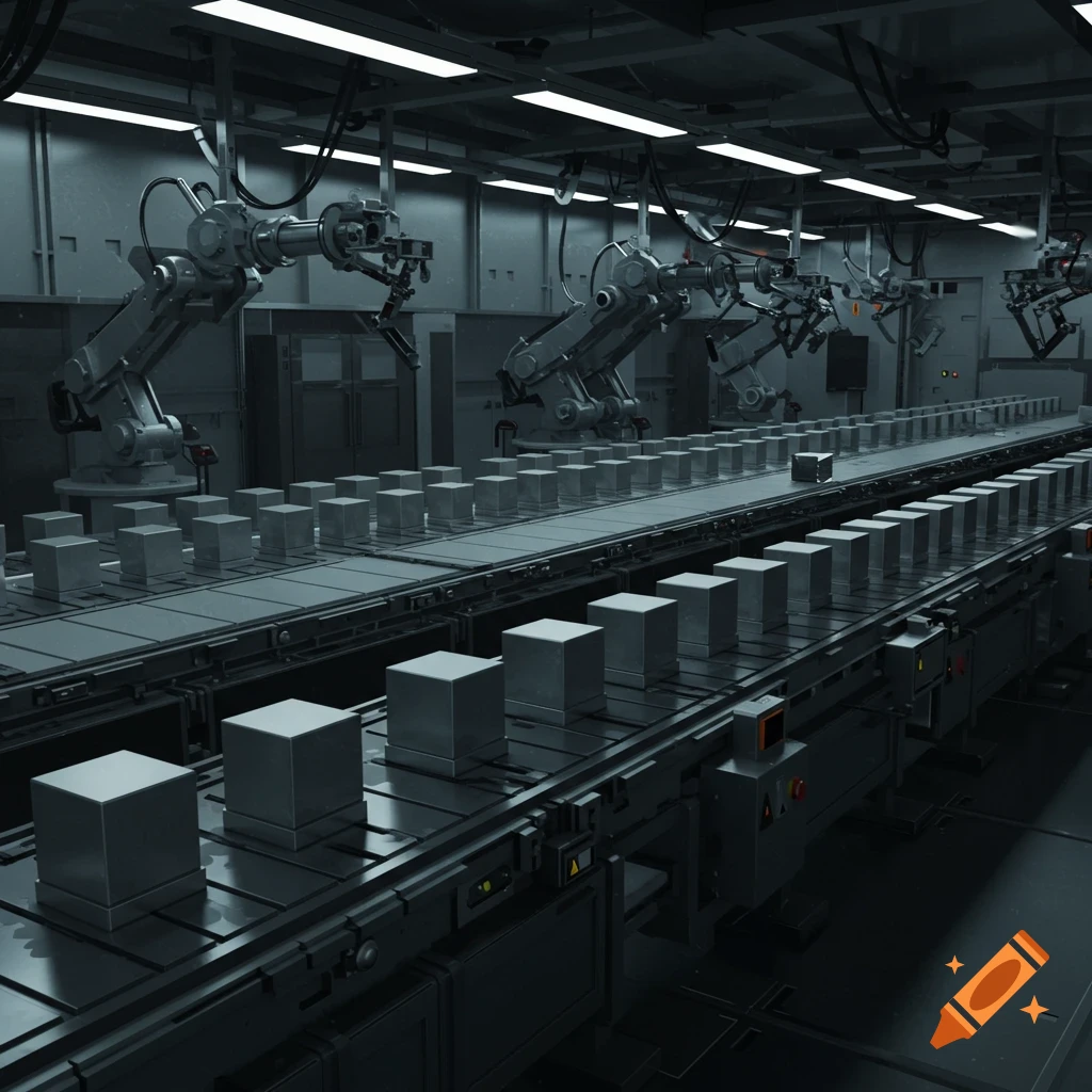 A modern industrial robotic assembly line features robotic arms above ...