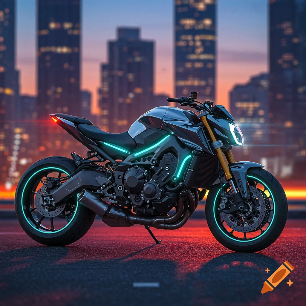 A sleek black motorcycle with neon blue accent lights on the frame and ...