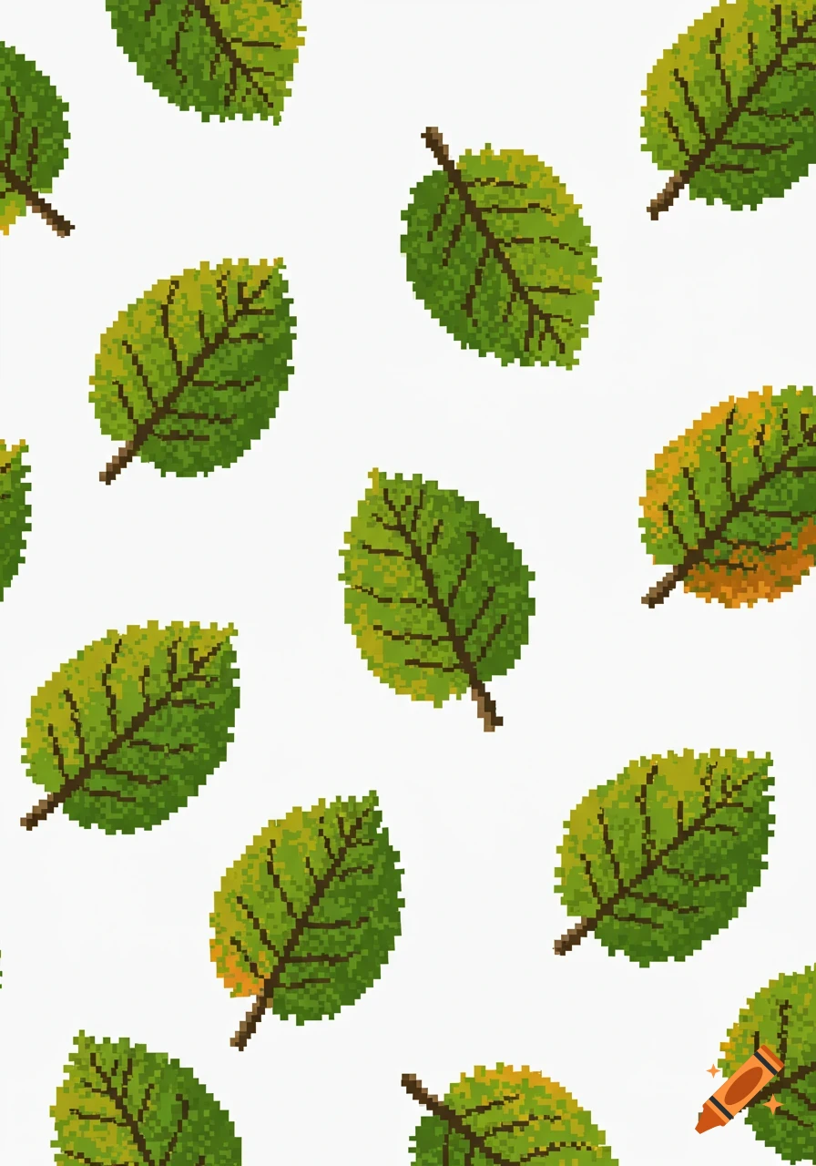 Pixel art pattern of various green leaves with brown stems and some ...