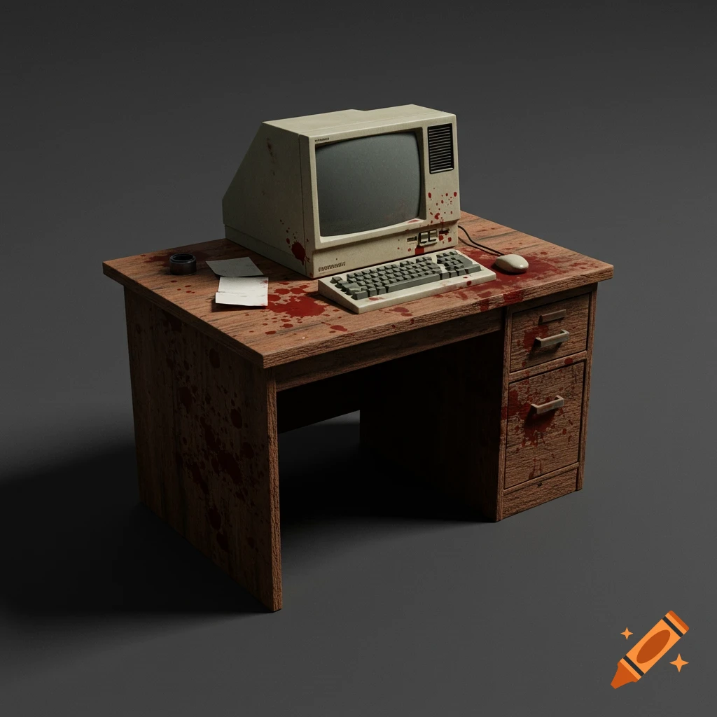 A blood-stained vintage computer, keyboard, and mouse sit on a wooden ...