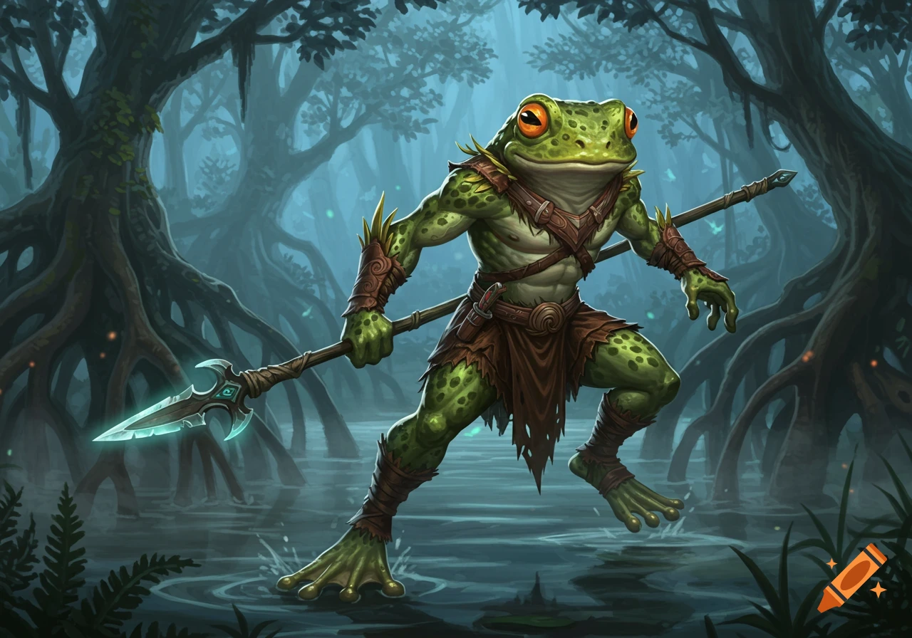 A muscular, green frog-human hybrid warrior with glowing orange eyes and a long glowing spear ...