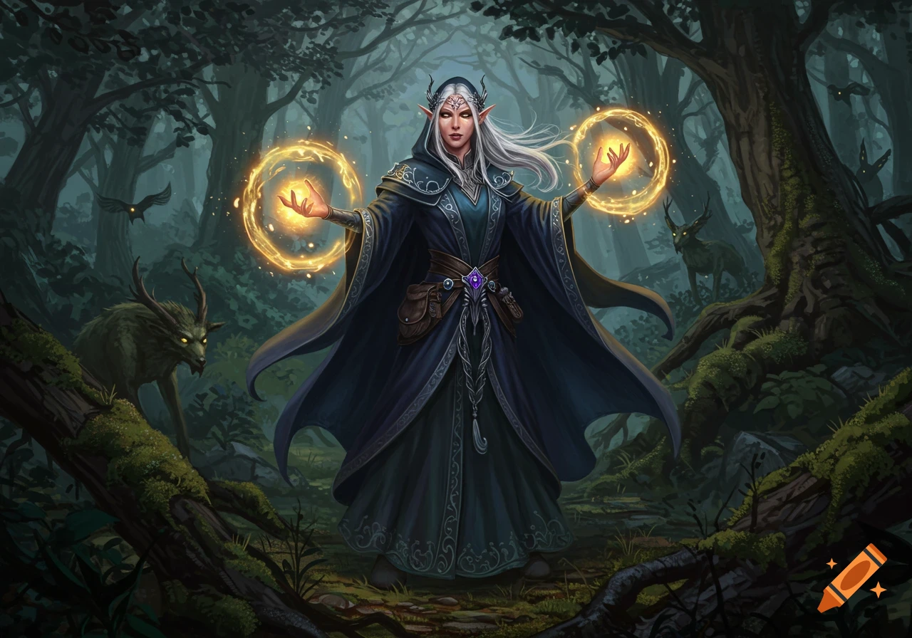 Elven warlock with white hair and pointed ears, wearing a dark hooded robe, conjuring glowing ...