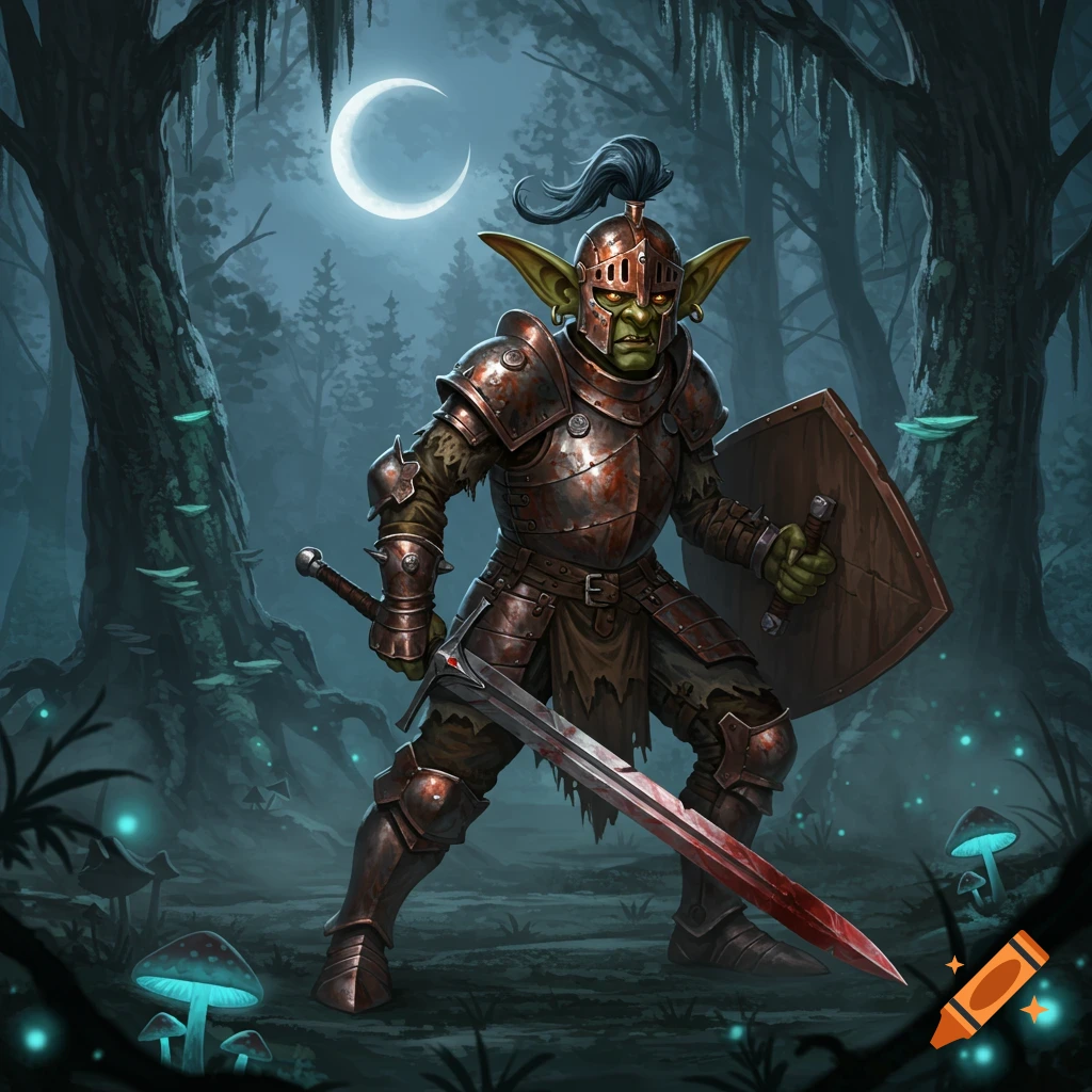 A fierce goblin knight in rustic, blood-splattered armor, holding a ...