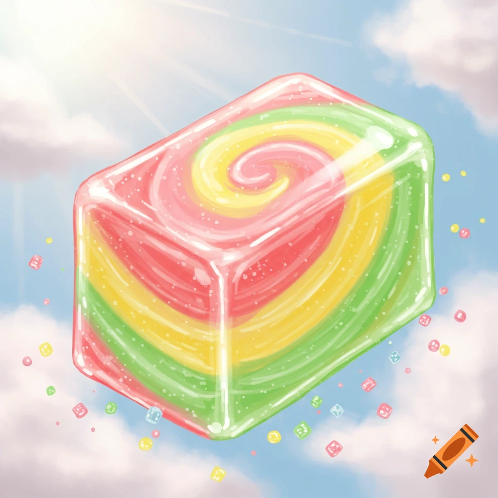 A shiny, cuboid rainbow swirl candy floats in a sunny blue sky with ...