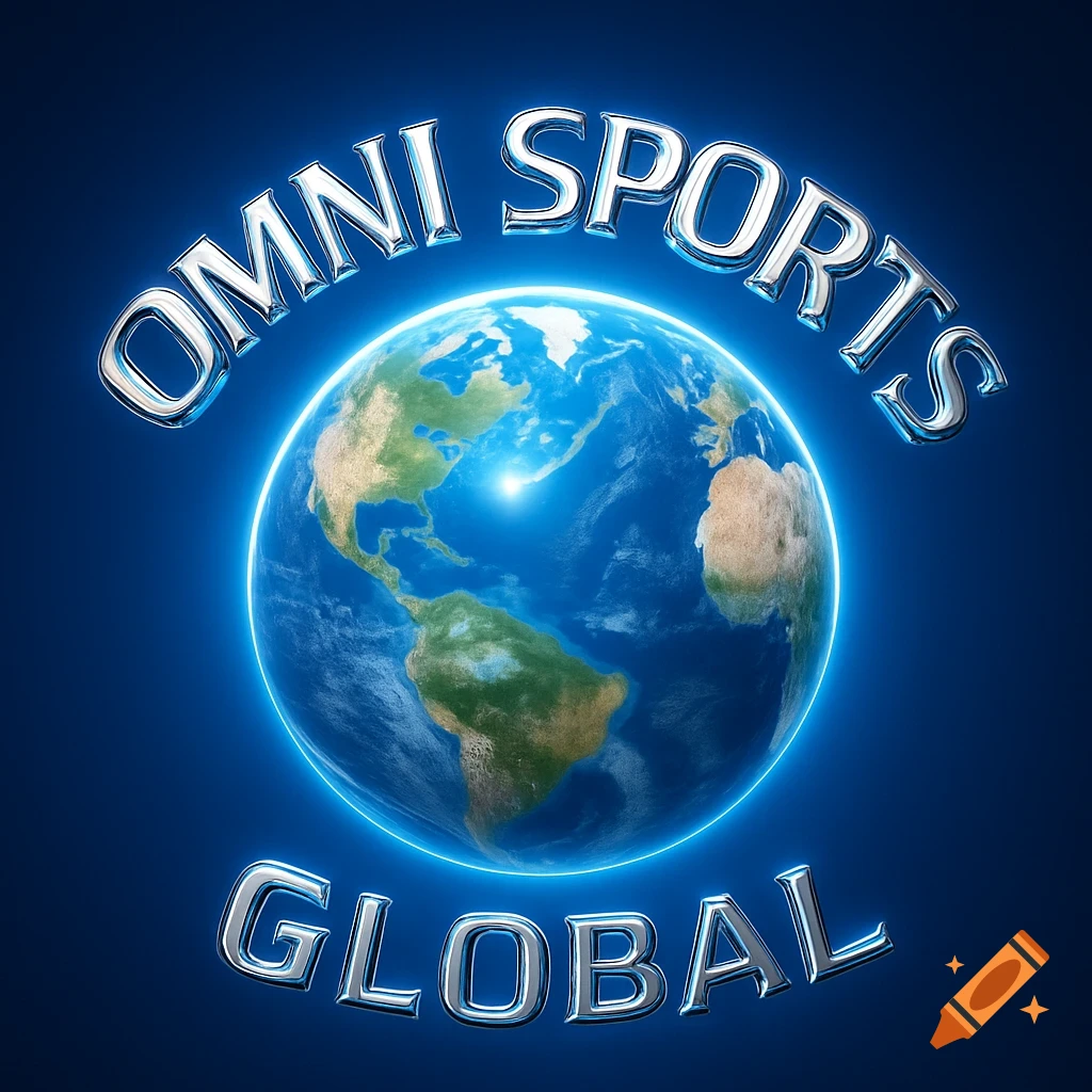 Polished chrome text "OMNI SPORTS GLOBAL" over a glowing blue earth ...