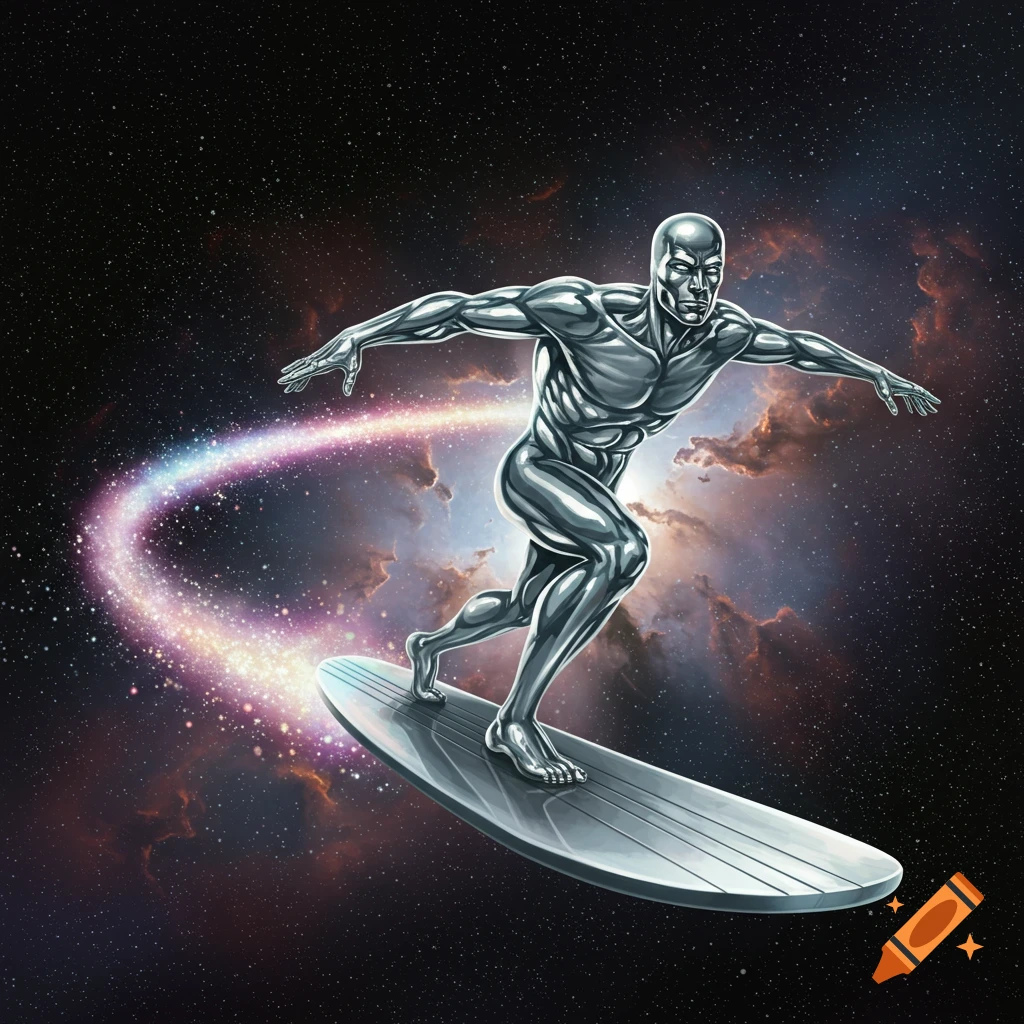 A silver-skinned superhero, the Silver Surfer, glides on his surfboard ...