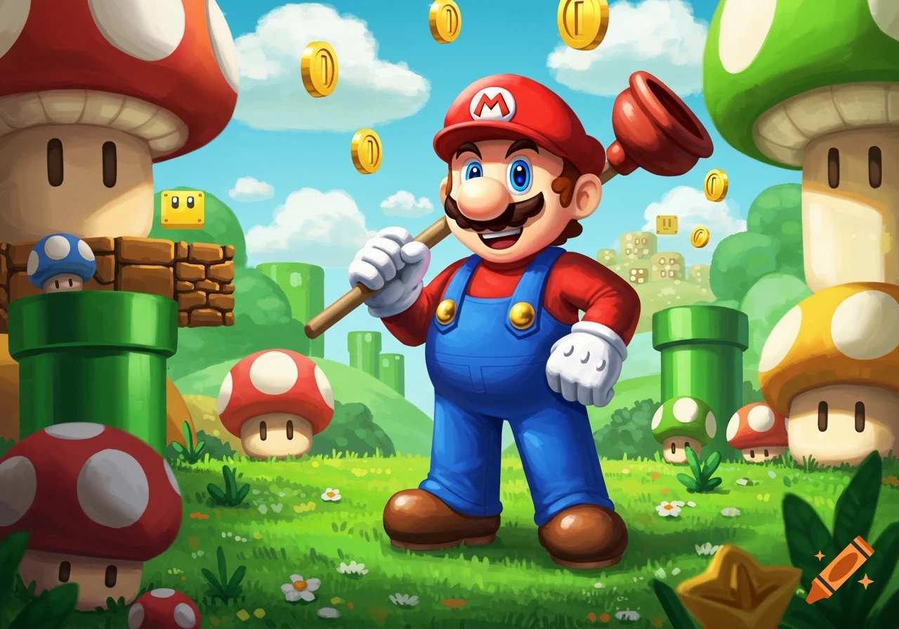 Mario in a whimsical fantasy kingdom, holding a spoon with a swirled ...