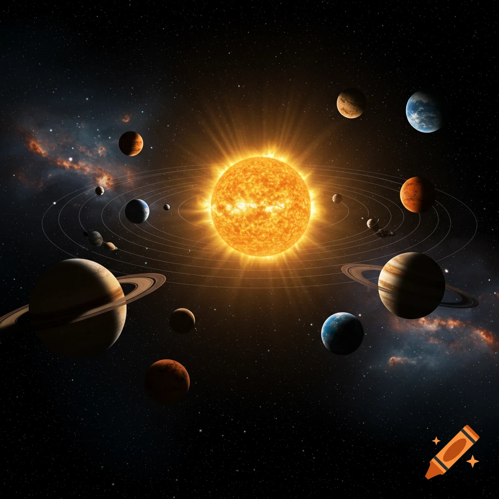 Vibrant diagram of a solar system with a bright sun, orbiting planets ...