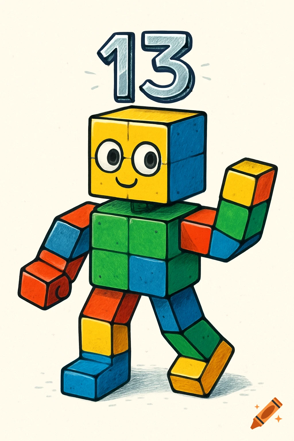 A vibrant cartoon character made of colorful blocks (red, blue, green ...