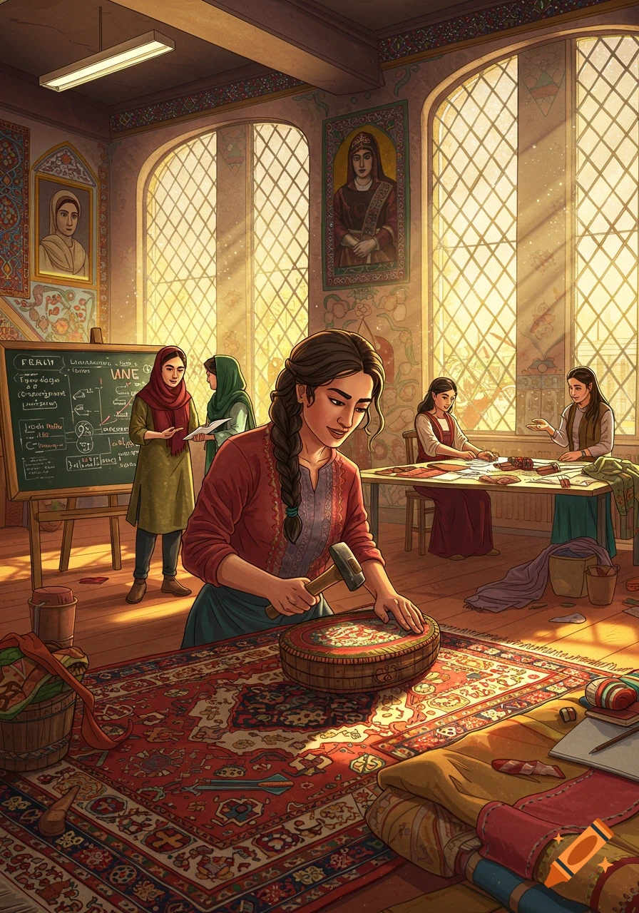 A group of Iranian women in a sunlit room, some crafting and learning ...