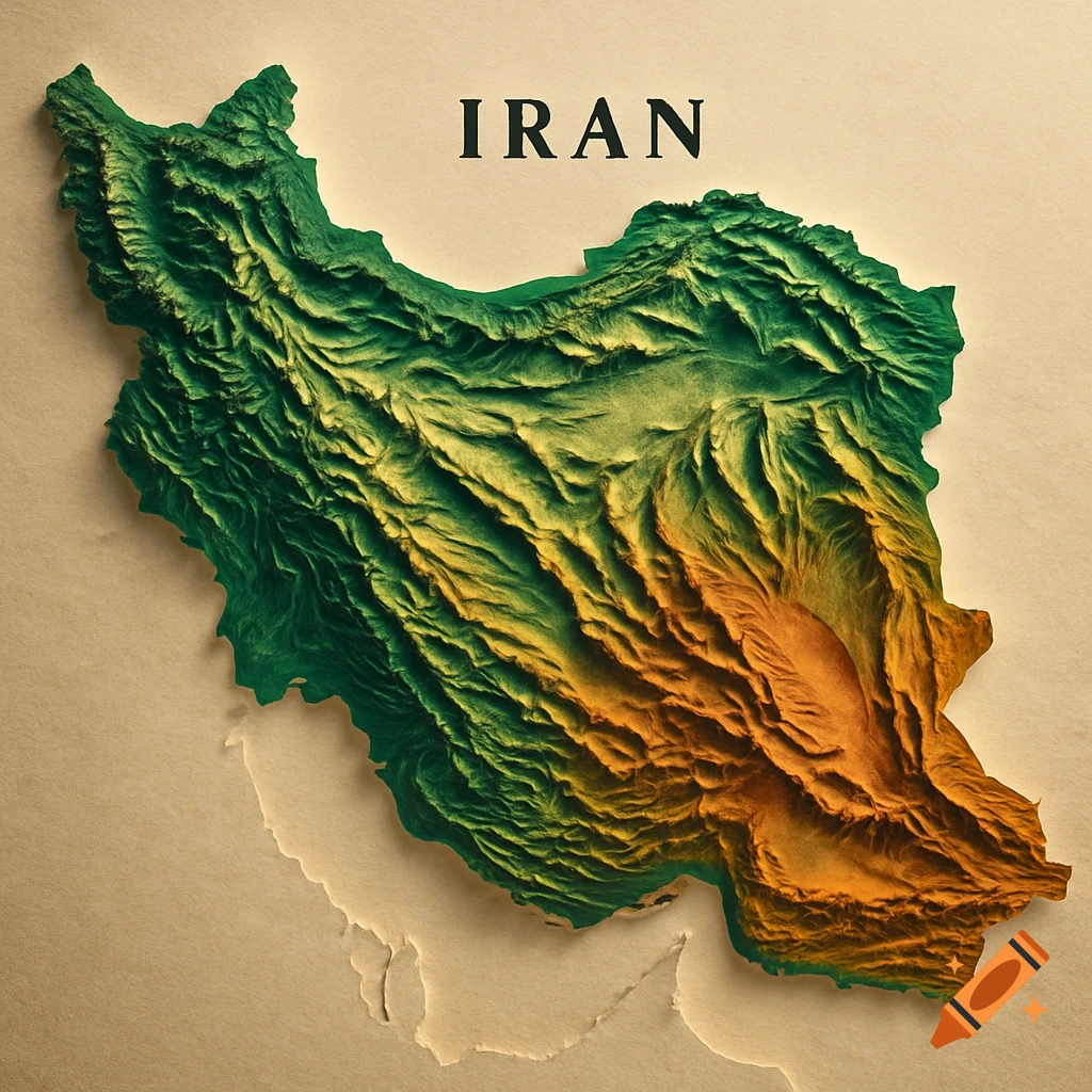 Topographical map of Iran with mountains in green, yellow, and orange ...