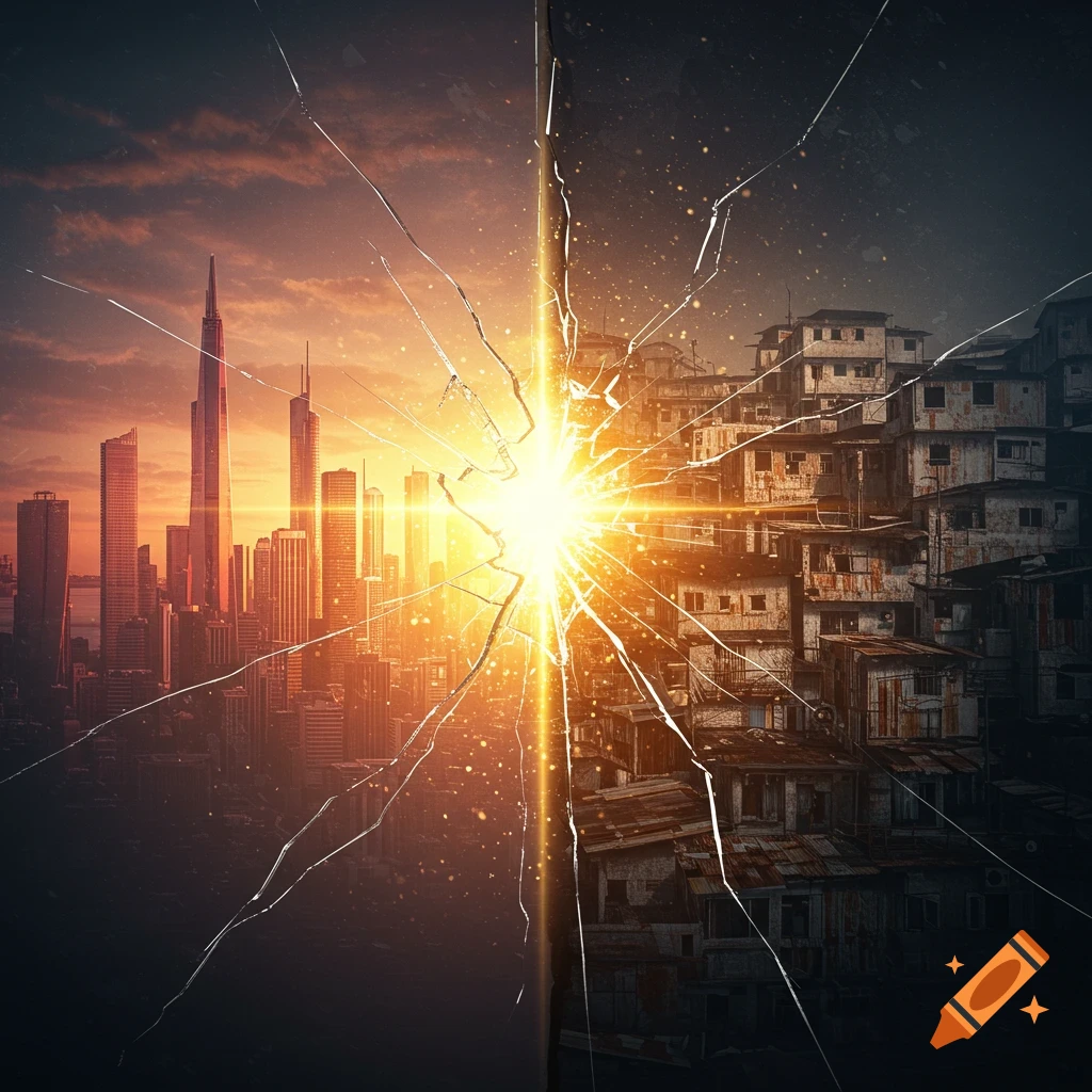 A cracked image split down the middle, showing a luxurious city skyline ...