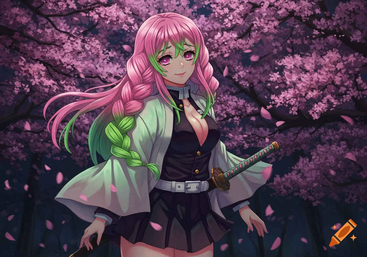 Anime character Mitsuri Kanroji with pink and green hair and a sword ...