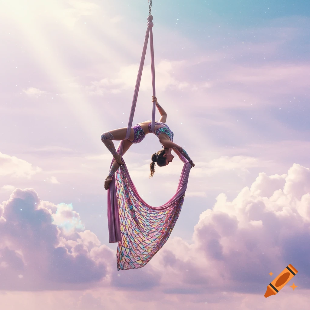 An aerialist in a shimmering costume performs on iridescent aerial ...