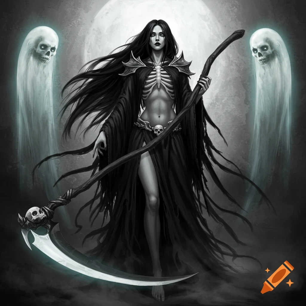 A female grim reaper with exposed rib cage and long black hair, holding ...