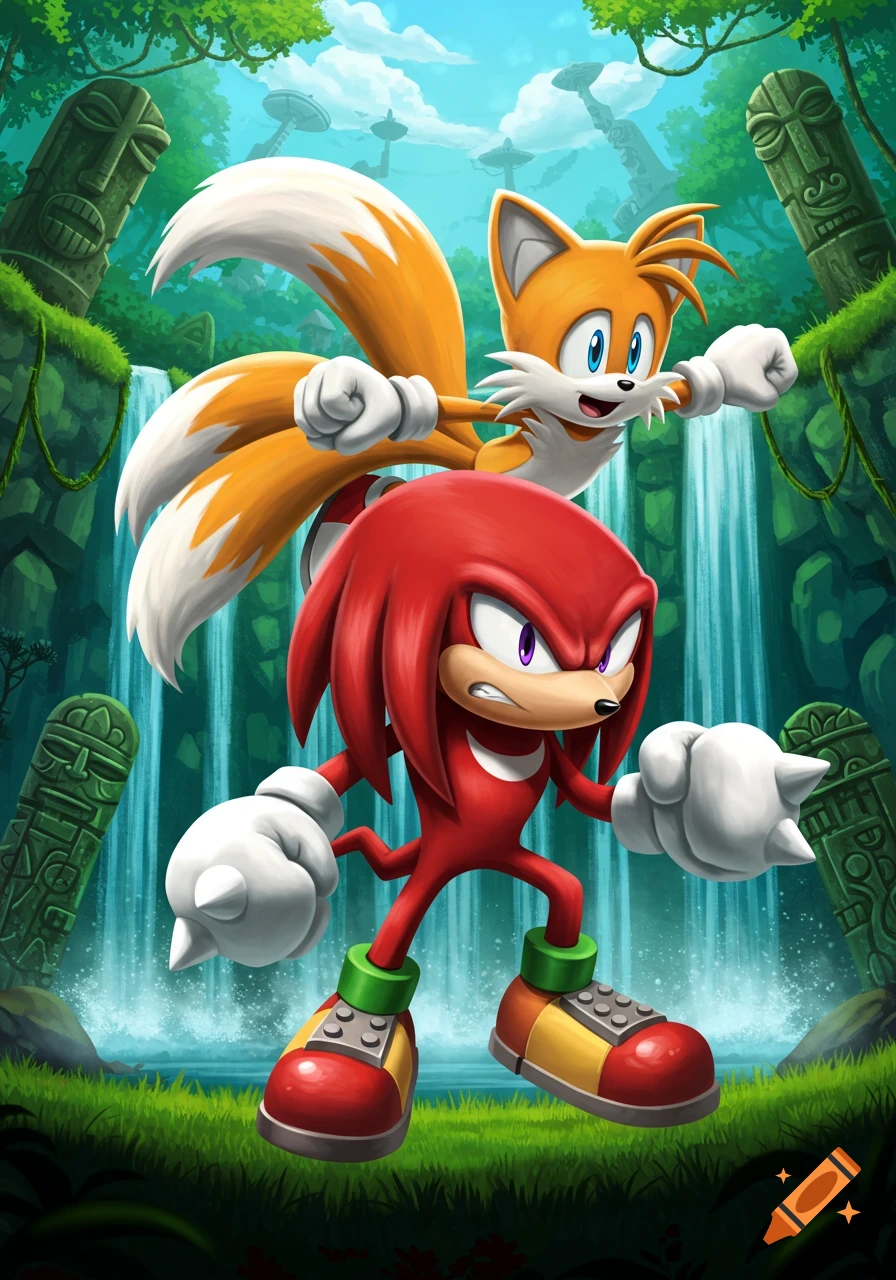 Knuckles the Echidna in a fighting stance with Tails the Fox floating ...