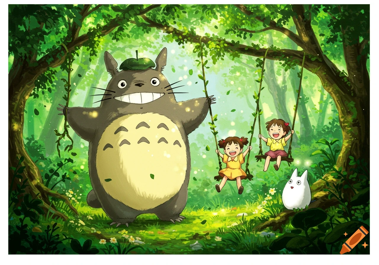 Totoro, Mei, and Satsuki happily playing on vine swings in a vibrant ...