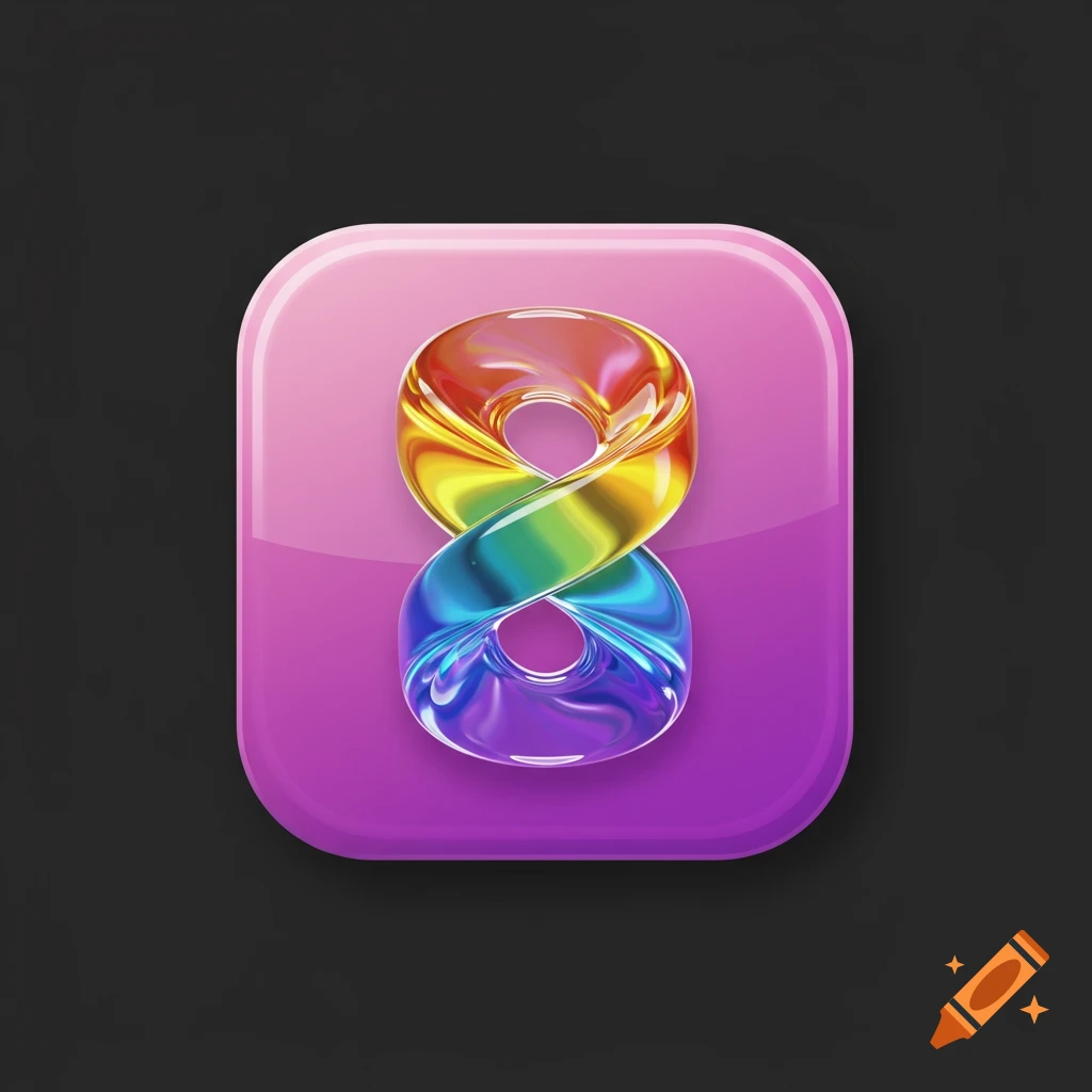 A glossy, rainbow-colored number eight, resembling a twisted glass ...