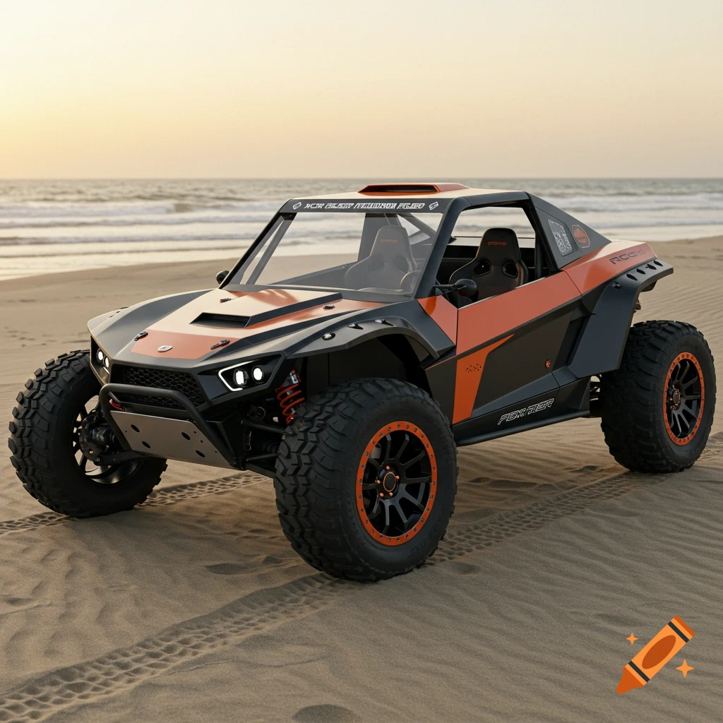 A black and orange off-road buggy is parked on a sandy beach next to ...