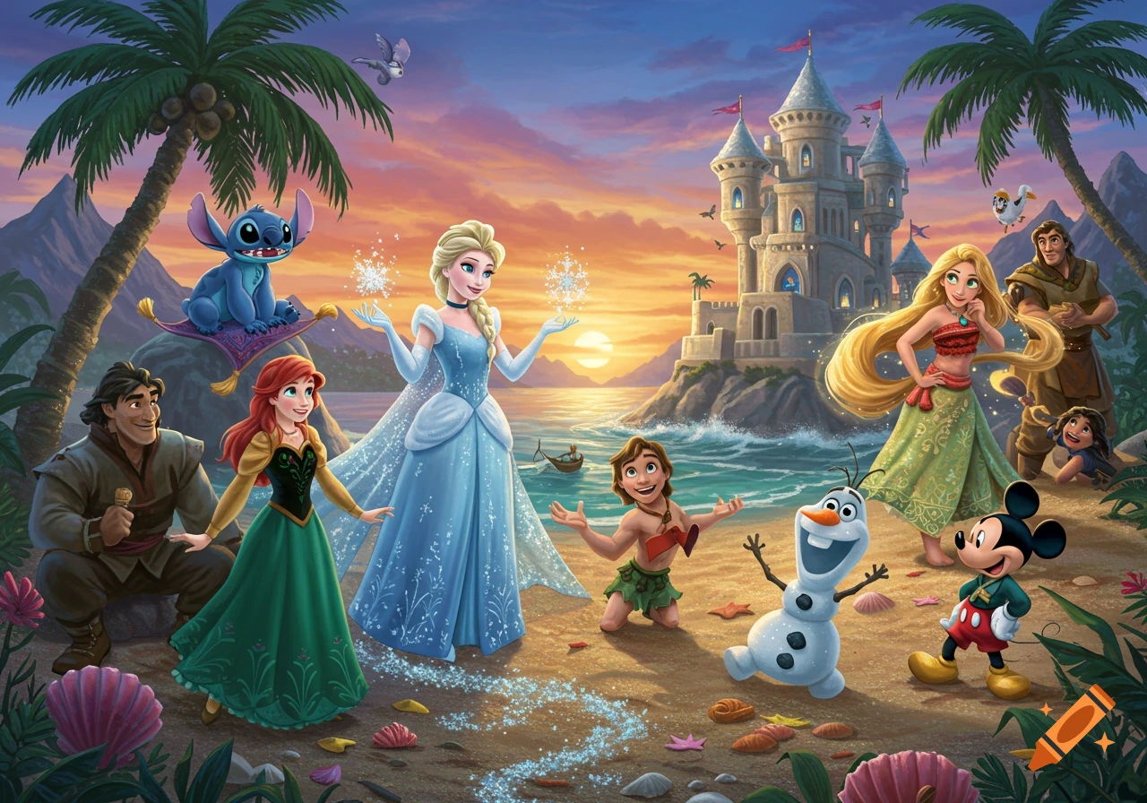 An illustration of various Disney characters like Elsa, Ariel, Rapunzel ...