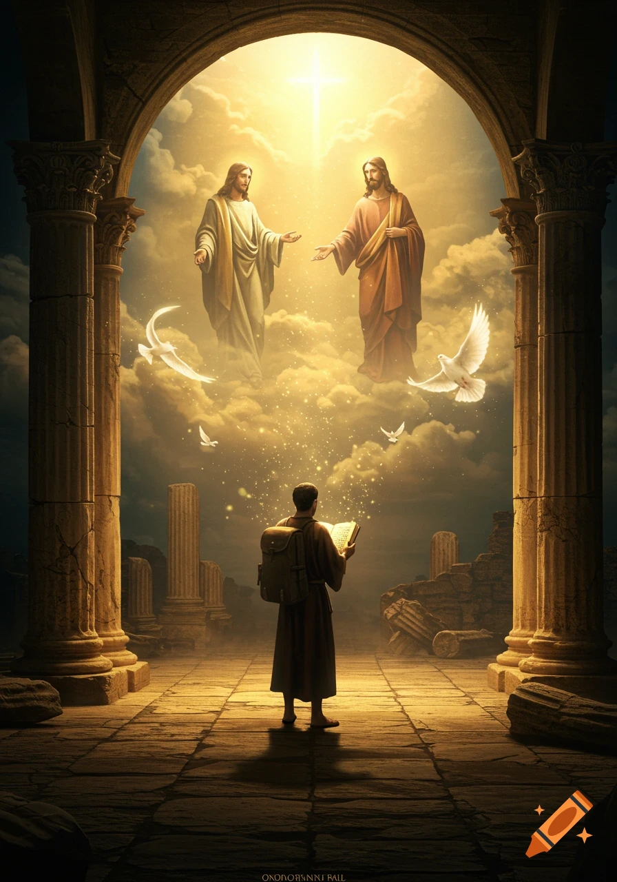 Painting of Saint Joseph tenderly embracing Mary under divine light in ...