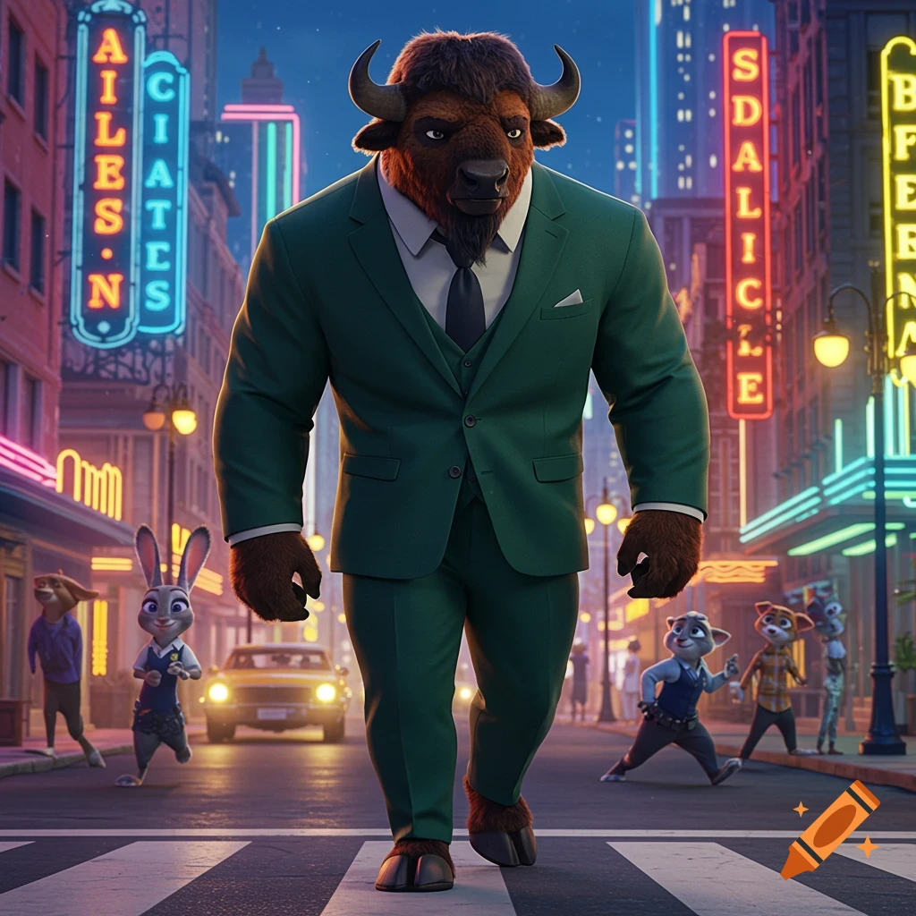 An anthropomorphic bison in a green suit walks on a city crosswalk at ...