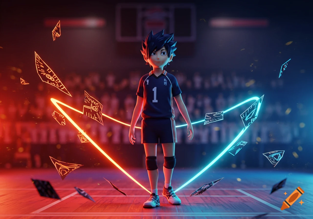 A 3D animated anime boy, Kuroo from Haikyuu, stands on a neon-lit ...