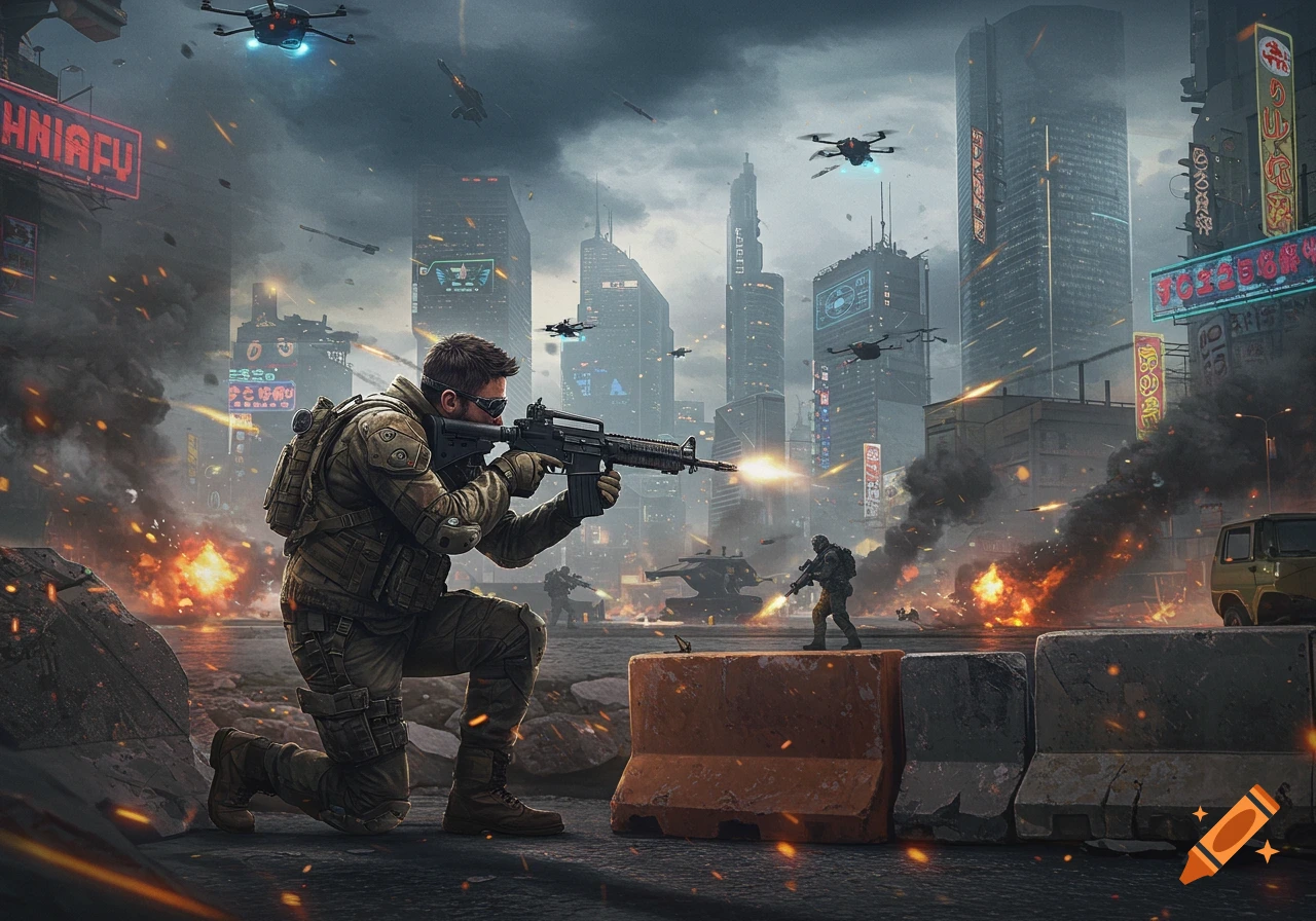 Soldiers battle a horde of zombies in a dusty desert. Text 'ZOMBIE ...