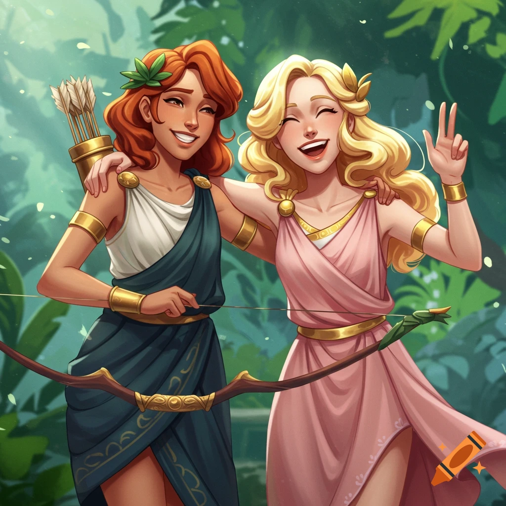 Smiling red-haired Artemis with a bow and blonde Aphrodite making a ...