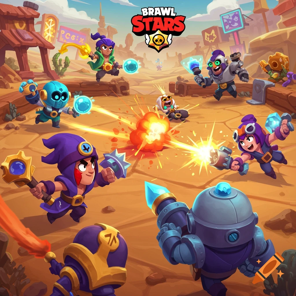 Four colorful animated Brawl Stars characters battle in a vibrant ...