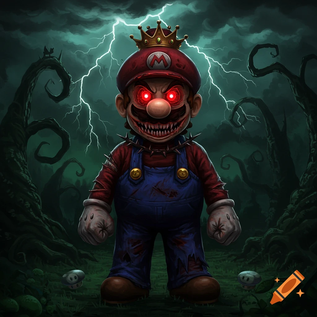 An evil, bloody Mario with glowing red eyes and sharp teeth stands in a ...