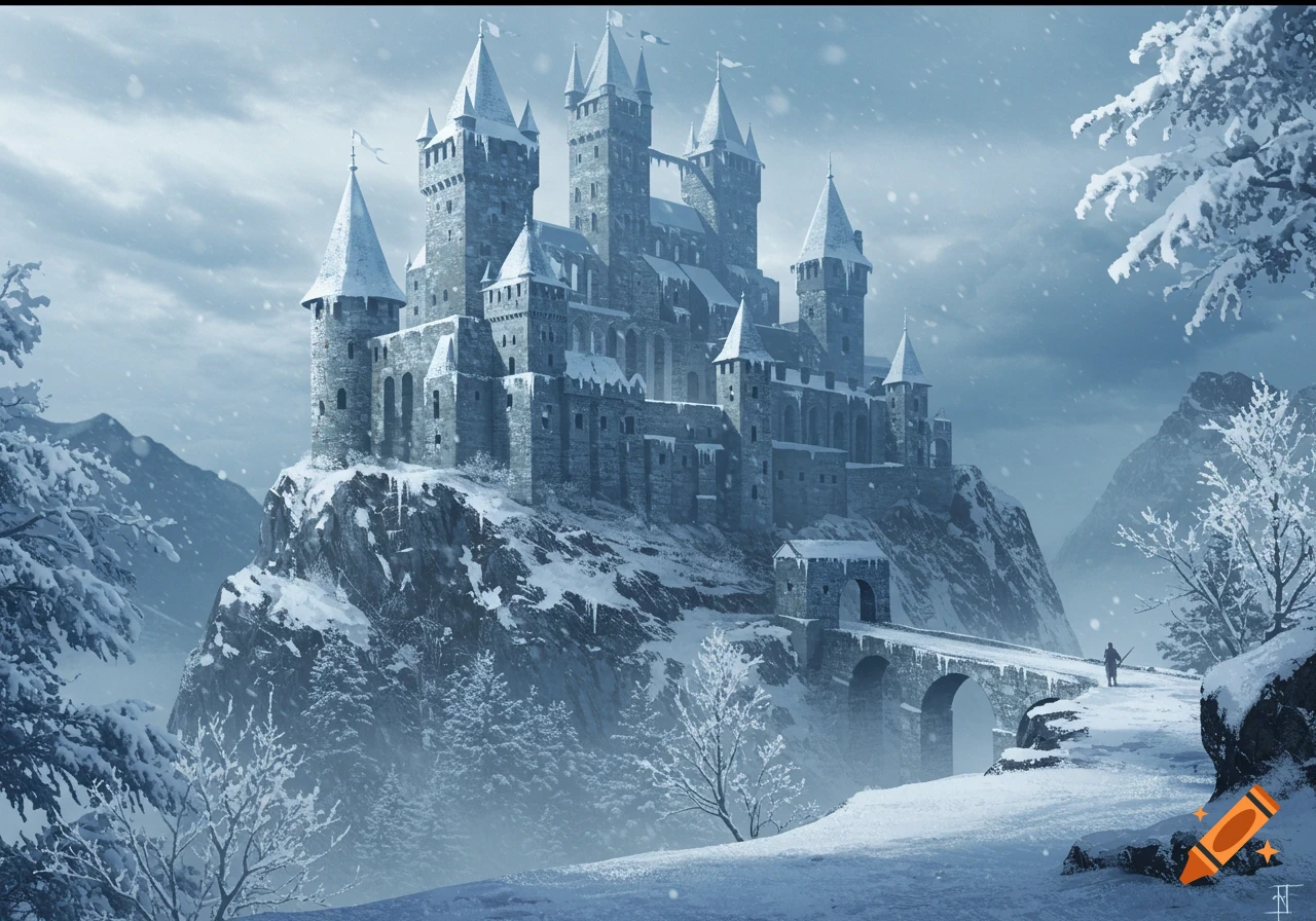 A majestic, snow-covered medieval castle on a mountain, with a bridge ...