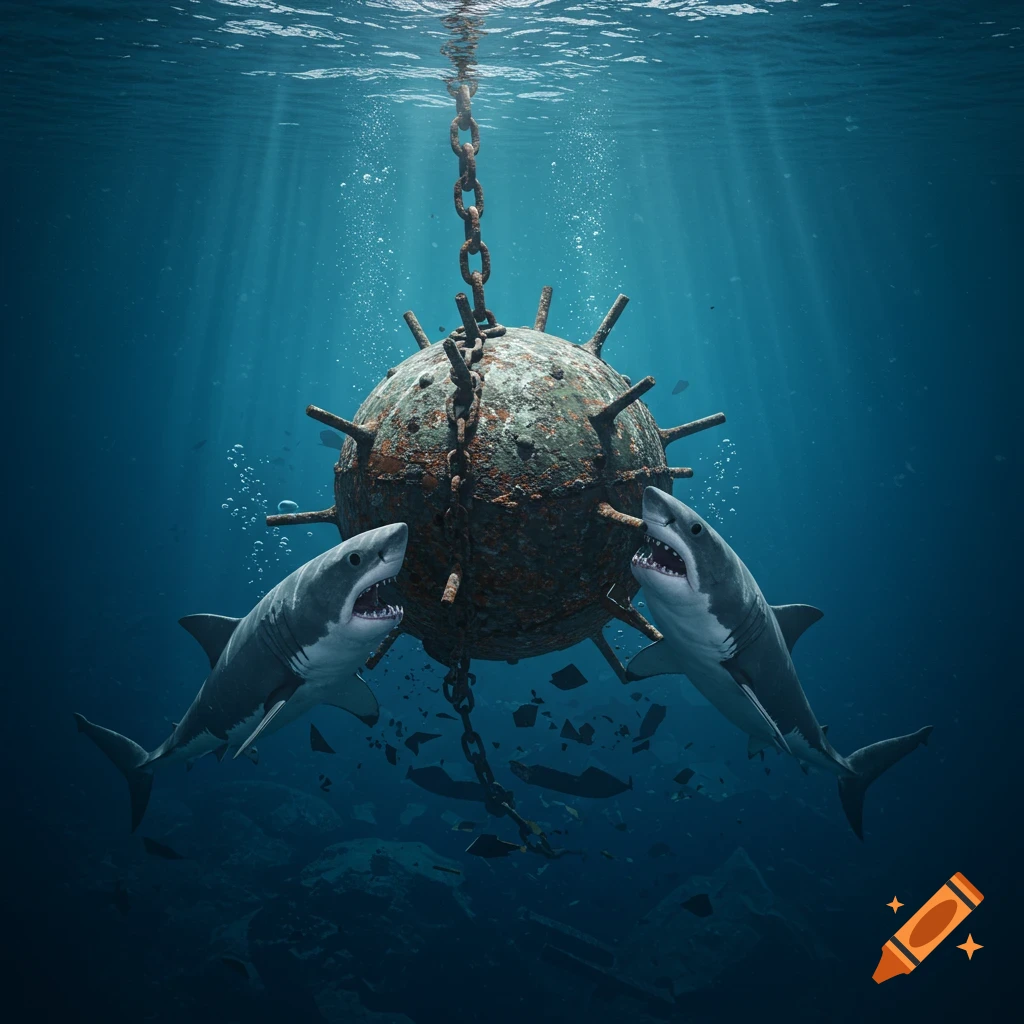 Two great white sharks bite a rusty naval sea mine chained to the ocean ...