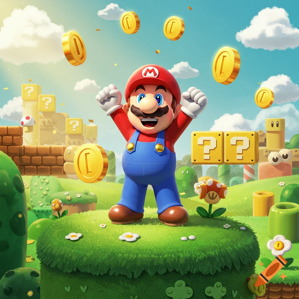Mario stands among coins and power-ups in a pixelated Super Mario Bros ...