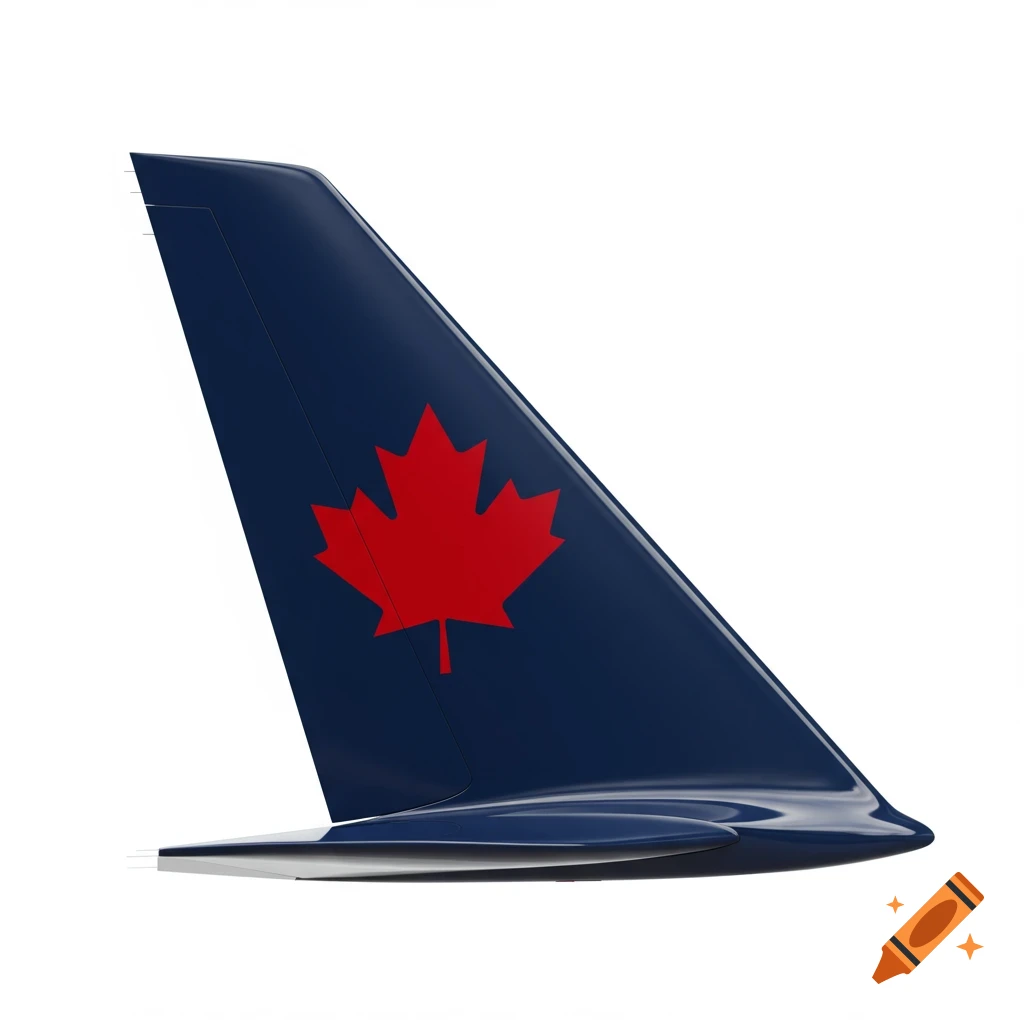 A dark blue aircraft tail featuring a red maple leaf logo against a ...