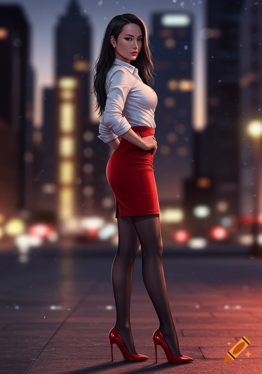 Photorealistic smiling woman in a fitted top with a sword in front of ...