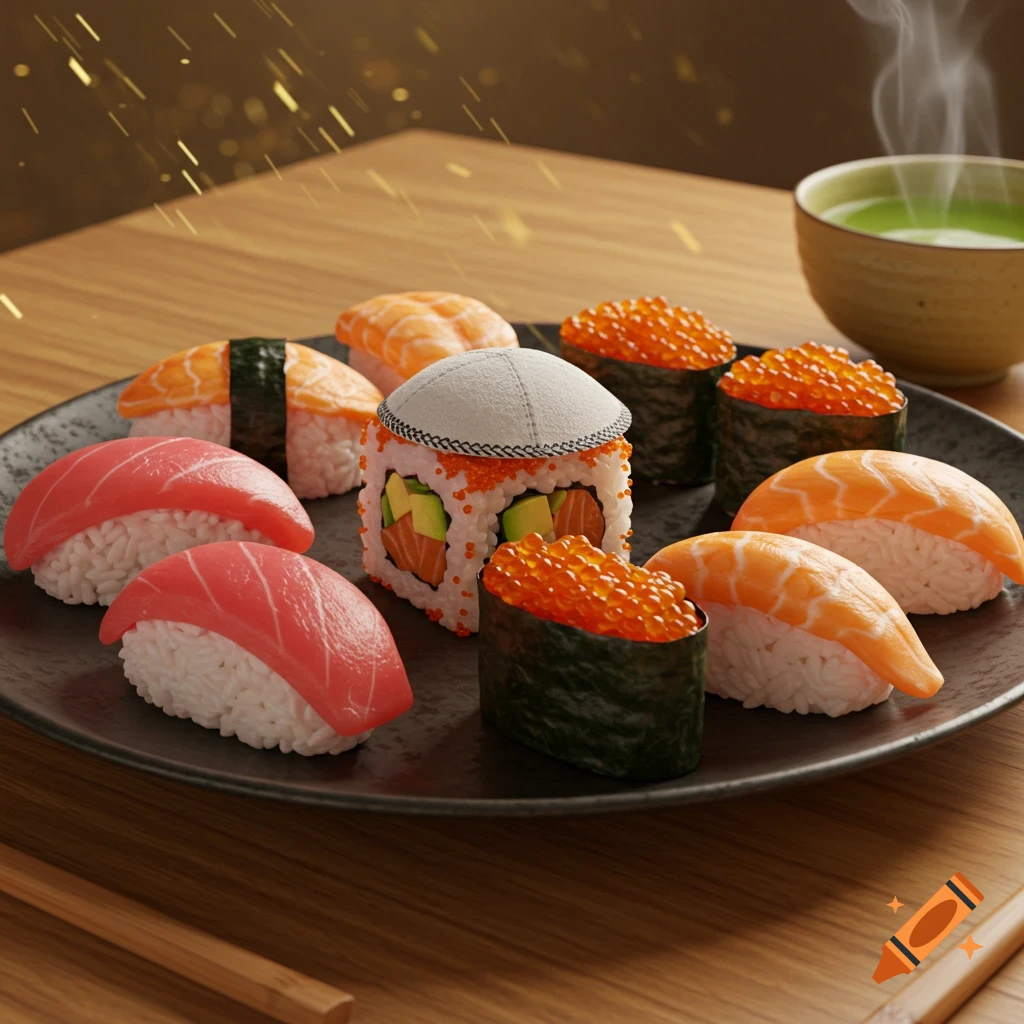 A multi-armed cartoon sushi chef prepares sushi ingredients including ...