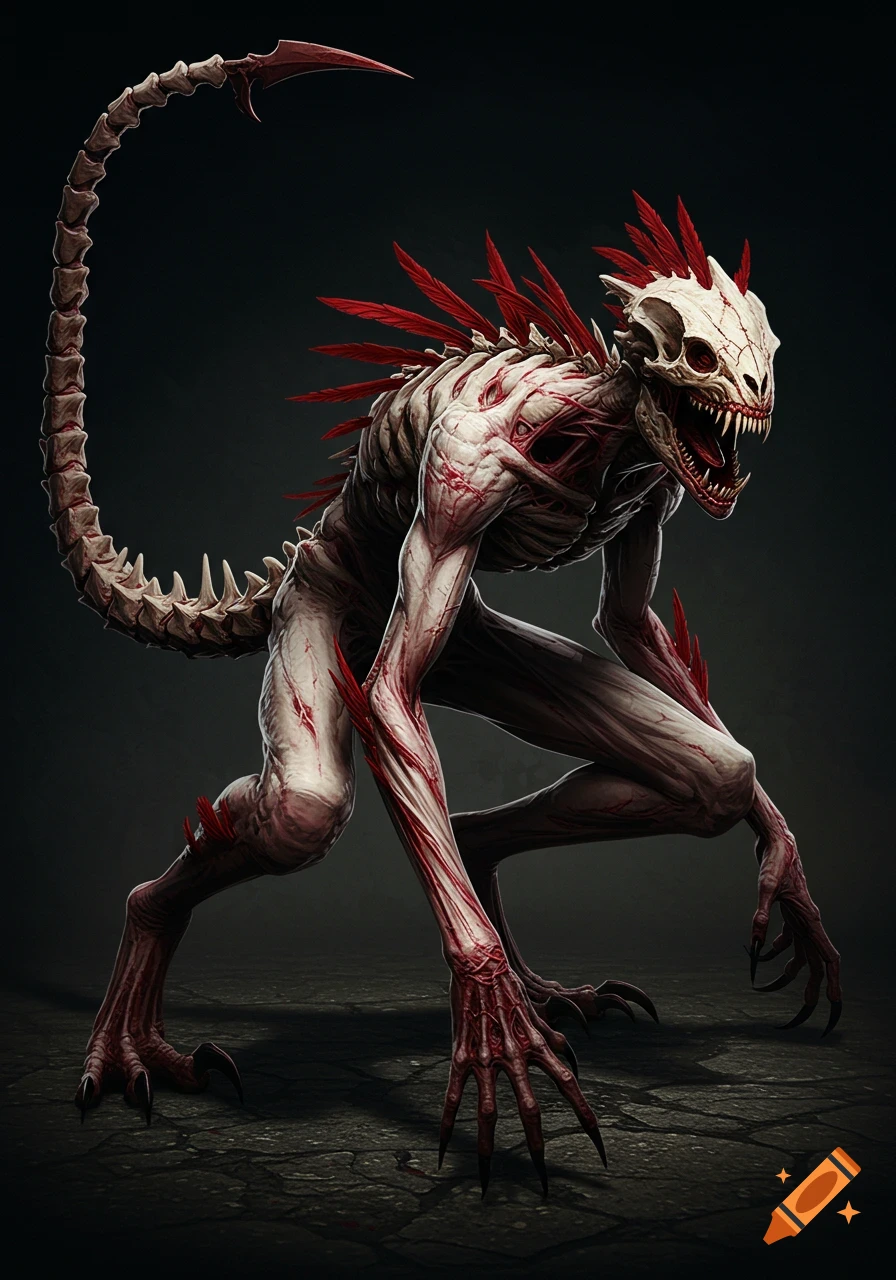 A bone-white skeletal creature with red quills, sharp claws, and a long ...