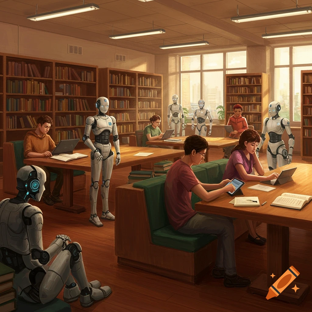 Students and robots study and interact in a well-lit library with ...