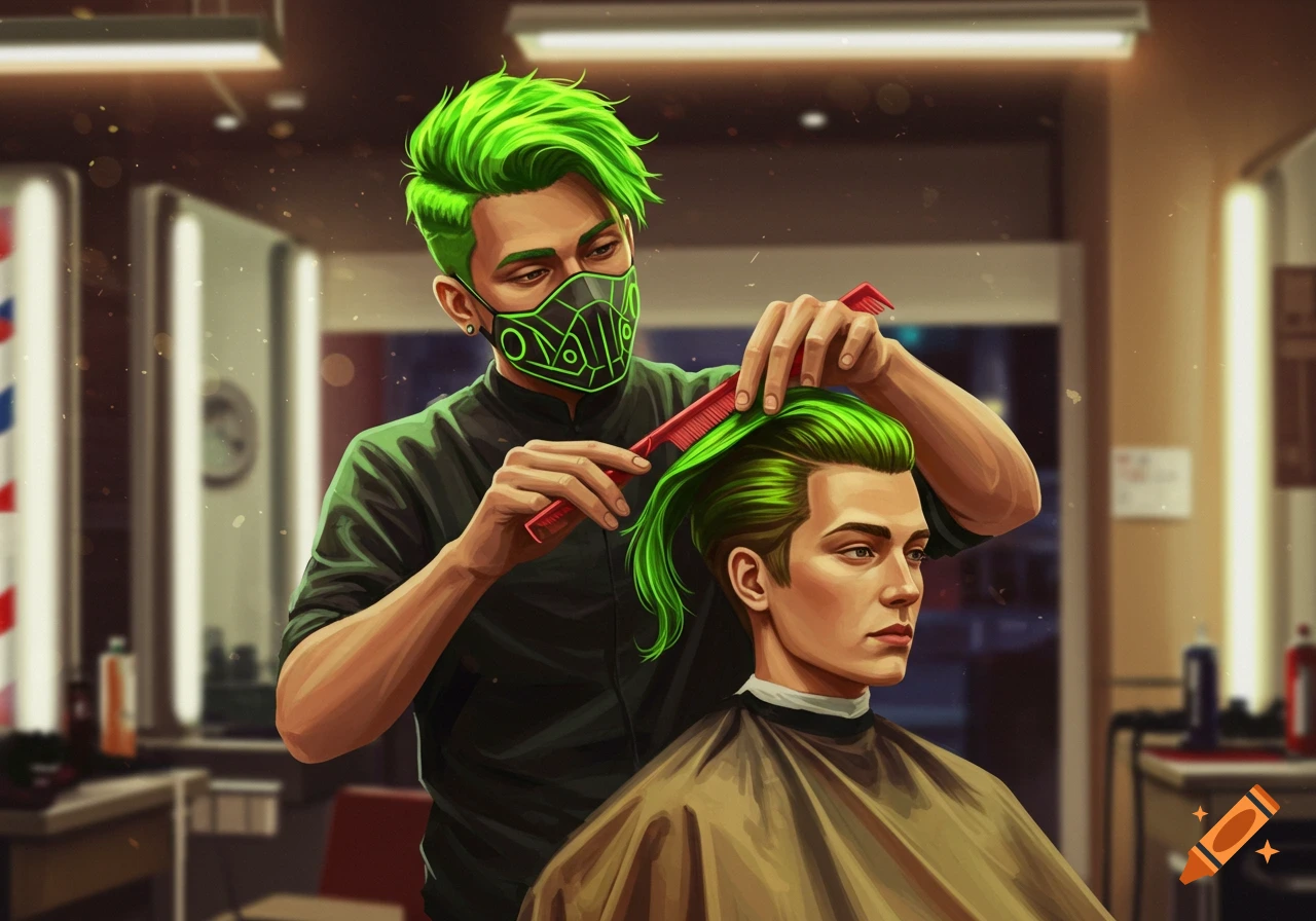 A masked barber with vibrant green hair cuts a customer's matching ...