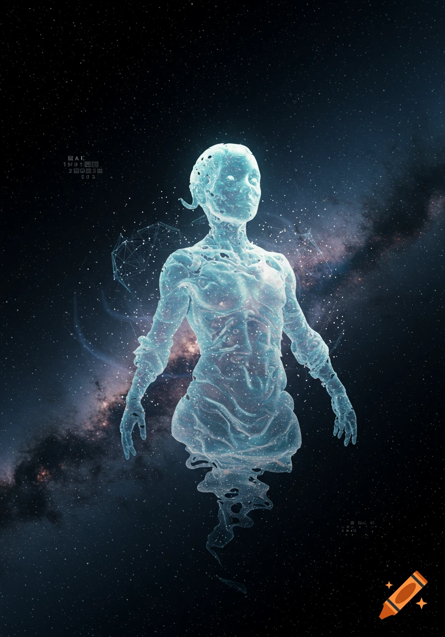 A luminous, ethereal, human-like figure made of swirling blue and white ...