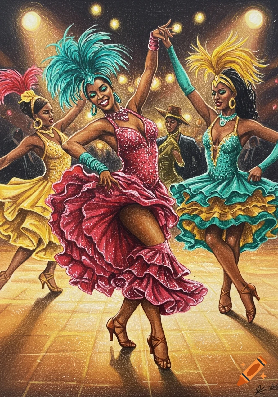 Vivid colored pencil drawing of three women in dazzling, feathered ...