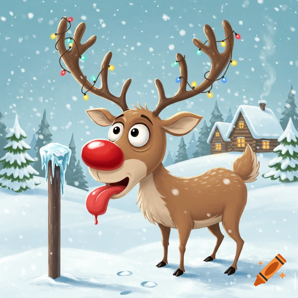 A cute cartoon reindeer with a red nose, red and white scarf, and ...