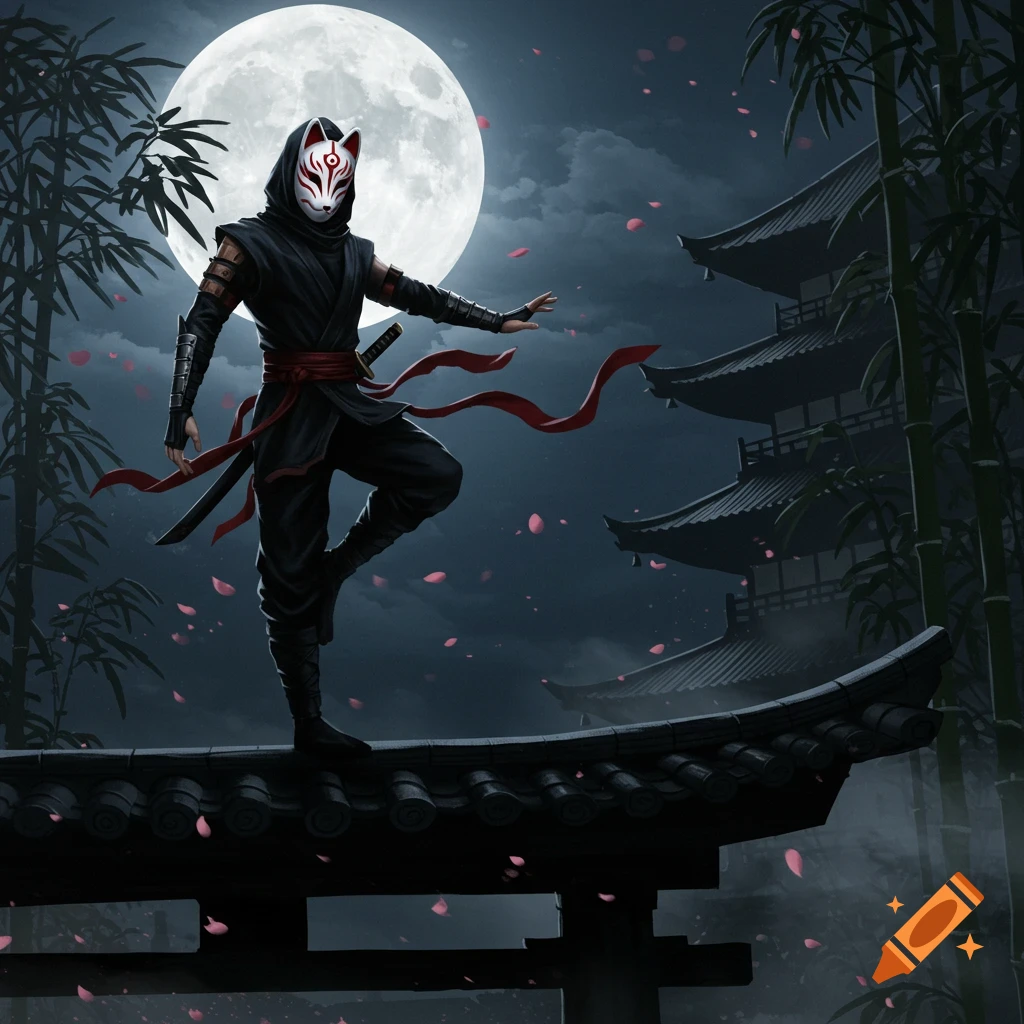 A ninja with a kitsune mask balances on a Japanese temple roof at night ...