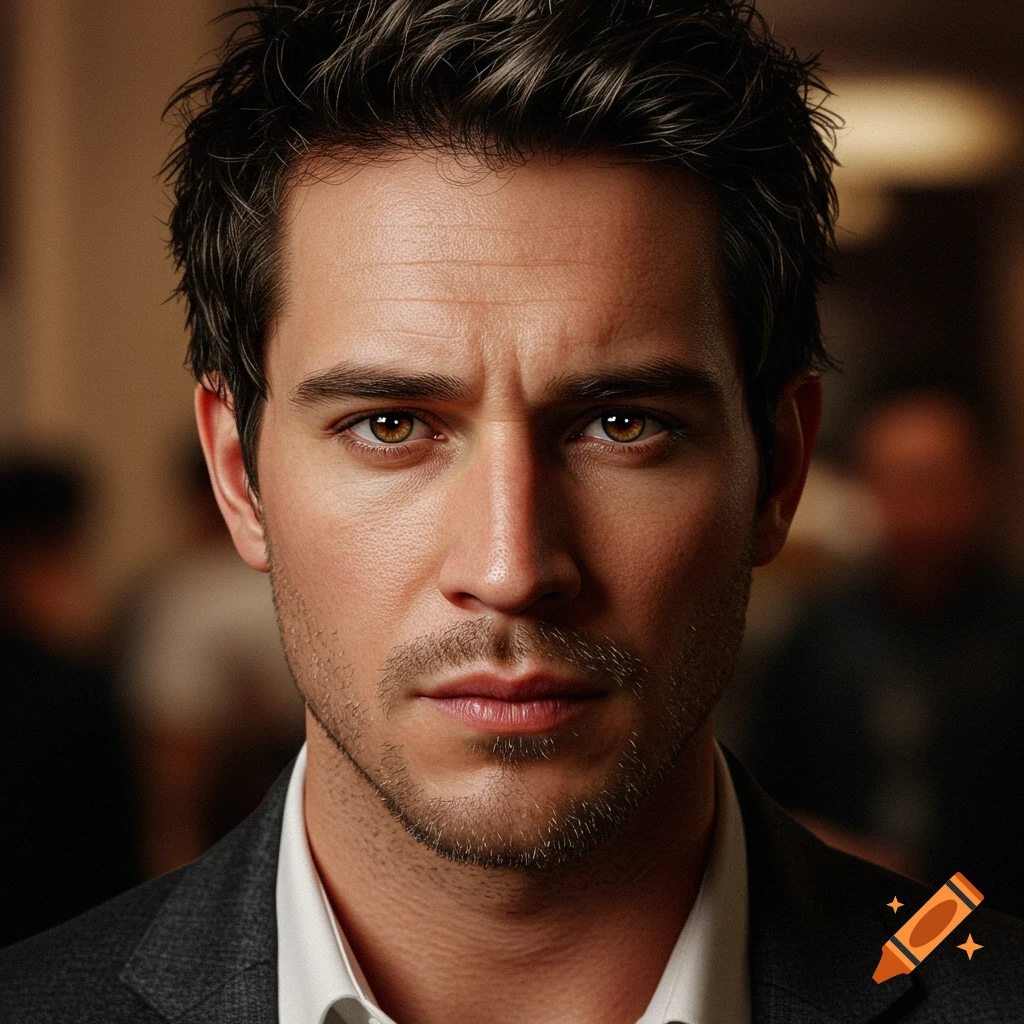 A close-up photorealistic portrait of a serious-looking man with dark ...