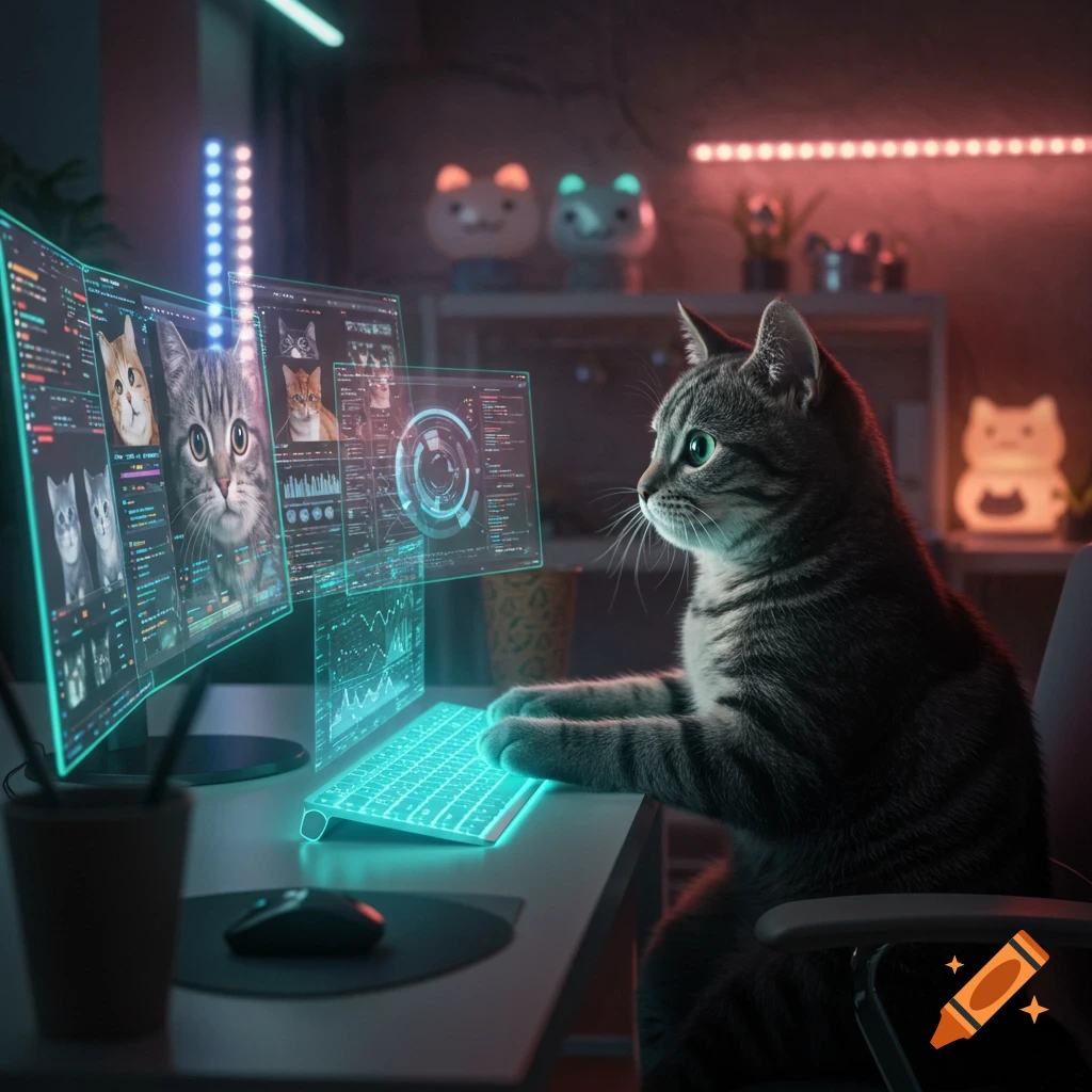 An angry grey cat with red eyes stands on a backlit gaming keyboard in front of a computer ...